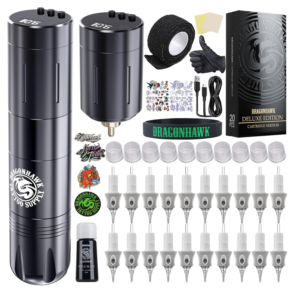 Dragonhawk Beginner Wireless Complete Tattoo Kit 2 Batteries